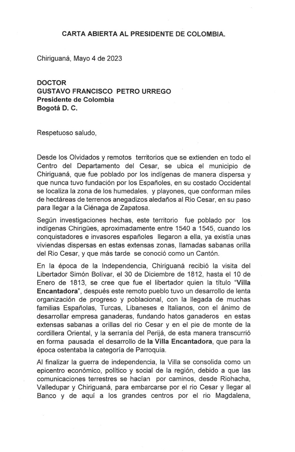 Carta abierta al presidente de Colombia - Voz de Oriente